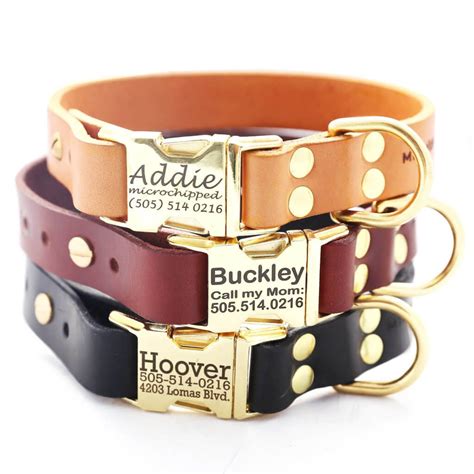 Classic Leather Dog Collar With Metalbrass Engraved Buckle