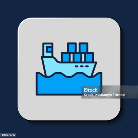 채워진 윤곽선 파란색 배경에 분리된 상자 배달 서비스 아이콘이 있는 화물선 배달 운송 소포 상자 상품을 가진 화물선 벡터 가득 찬에 대한 스톡 벡터 아트 및 기타 이미지