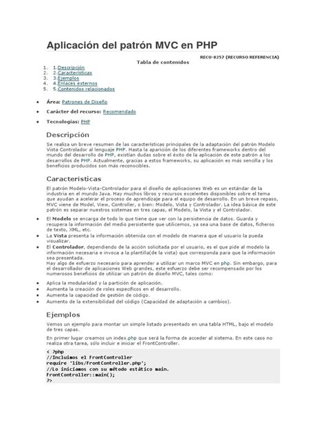 Aplicación Del Patrón Mvc En Php Pdf Modelo Vista Controlador Marco De Software