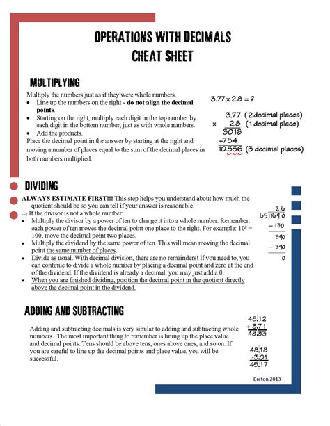 Caffeine And Lesson Plans Decimal Computation Cheat Sheet