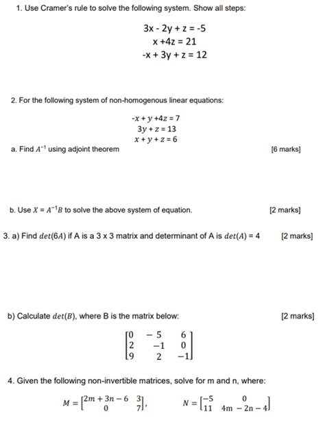 solved 1 use cramer s rule to solve the following system