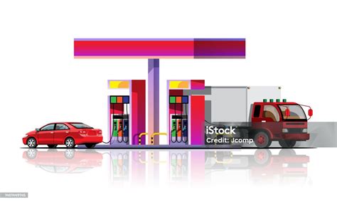 주유소에서 자동차와 트럭이 가득 차는 벡터 일러스트 레이 션 차에 대한 스톡 벡터 아트 및 기타 이미지 차 주유소 재생 천연 가스 Istock
