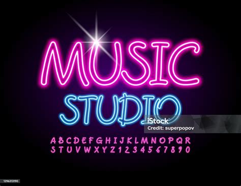 벡터 크리에이티브 엠블럼 뮤직 스튜디오 네온 라이트 알파벳 문자 및 숫자 세트 Performing Arts Event에 대한