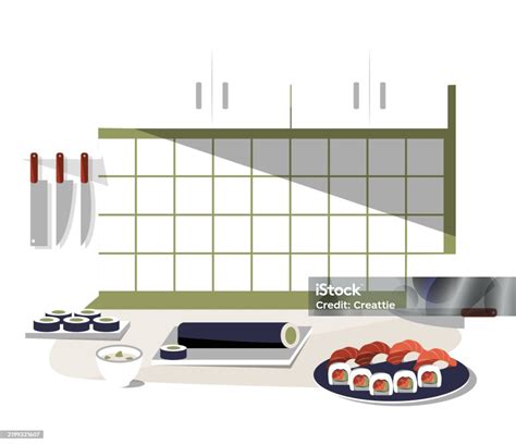 초밥 부엌 칼 롤링 매트 그리고 신선한 초밥 일본 요리 요리 준비 및 전통 음식을 상징하는 평면 벡터 일러스트 레이 션 흰색 배경에 고립 된 간장에 대한 스톡 벡터 아트 및