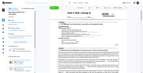 New Password B2 UT 3A Sprawdzian Unit 3 Test Group A Name Class