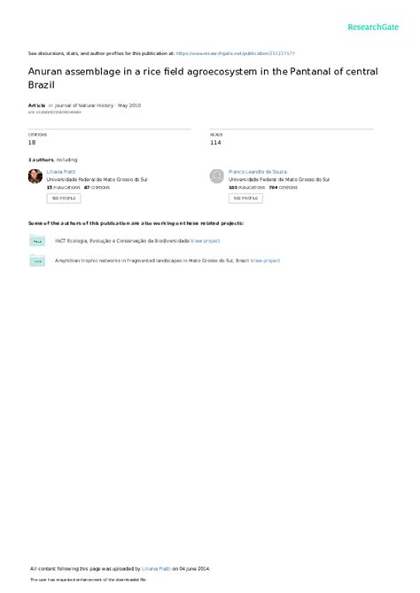 Pdf Anuran Assemblage In A Rice Field Agroecosystem In The Pantanal Of Central Brazil