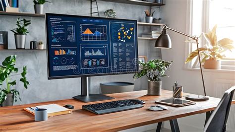Modern Home Office Workspace With Data Analytics On Large Monitor Display Ai Generated Stock