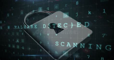 A Digital Lock Icon Surrounded By Floating Text Reading Malware Detected And Scanning Stock