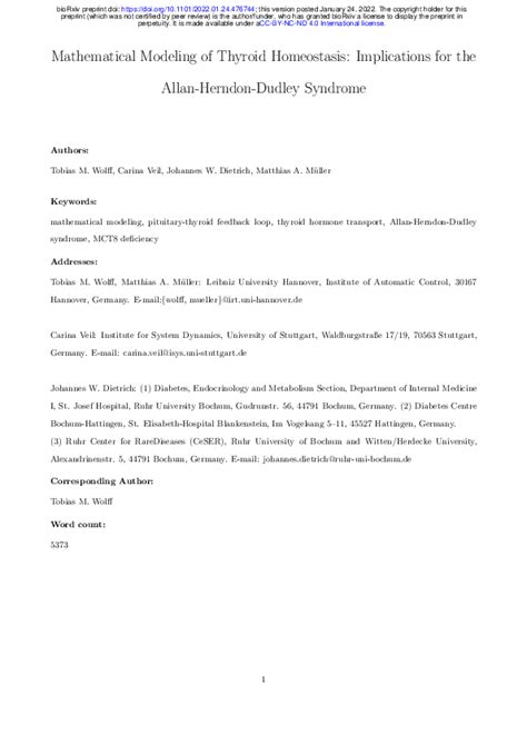 Pdf Mathematical Modeling Of Thyroid Homeostasis Implications For The Allan Herndon Dudley