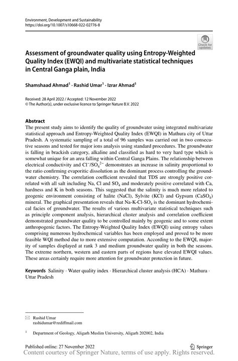 Assessment Of Groundwater Quality Using Entropy Weighted Quality Index