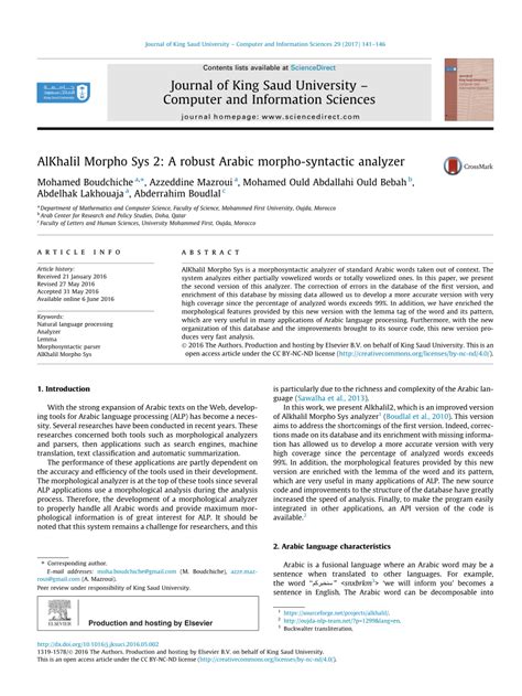 Pdf Alkhalil Morpho Sys 2 A Robust Arabic Morpho Syntactic Analyzer