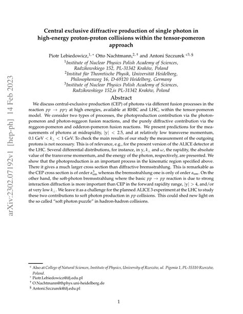 Pdf Central Exclusive Diffractive Production Of Single Photon In High Energy Proton Proton