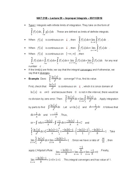 mat 21b lecture 28 improper integrals mat 21b lecture 28