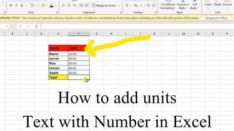 How To Add Units Add Text With Number In Excel Add Kg Symbol In