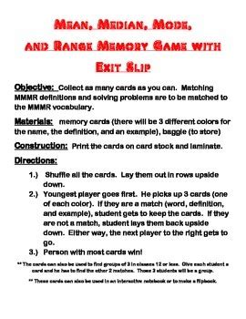 Mean Median Mode Range Vocabulary Memory Game With Exit Slip By M Class