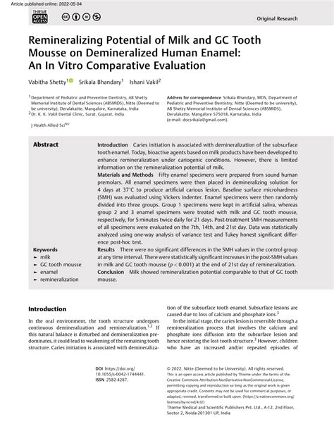 Pdf Remineralizing Potential Of Milk And Gc Tooth Mousse On Demineralized Human Enamel An In