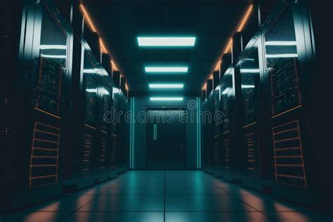 Cloud Rack Room With Big Data Cyber Network Datacenter Green Light Server Interior Modern