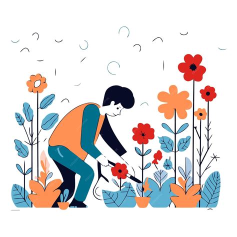 Premium Vector Gardener Planting Flowers In The Garden Flat Vector