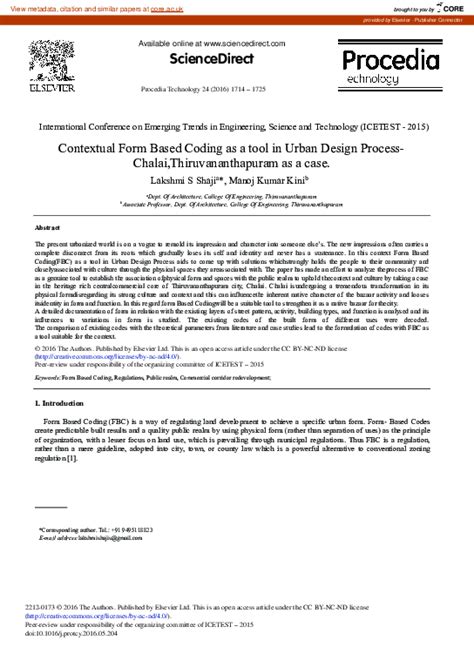 Pdf Contextual Form Based Coding As A Tool In Urban Design Process Chalai Thiruvananthapuram