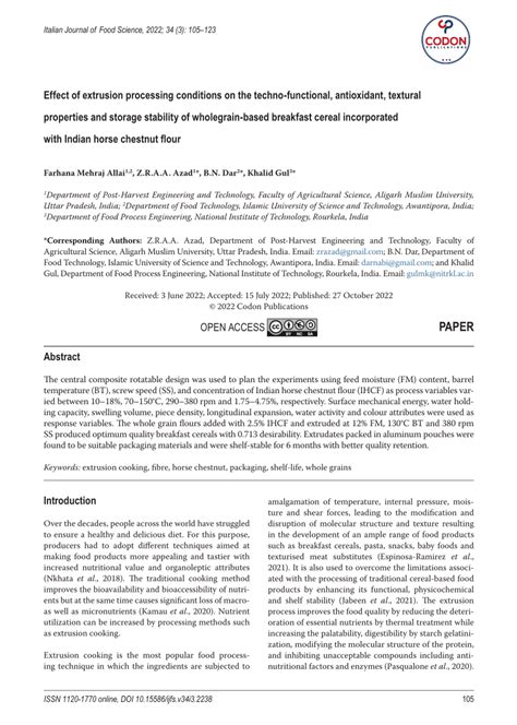 Pdf Effect Of Extrusion Processing Conditions On The Techno Functional Antioxidant Textural