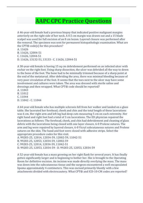 AAPC CPC Practice Questions Exam Test Complete Solution Guide A Guaranteed To Pass AAPC CPC