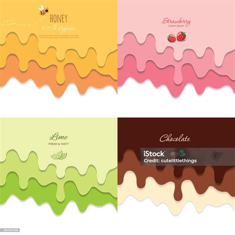 녹아 흐르는 초콜릿 딸기 꿀 라임 시럽 세트 3 차원 종이 레이어를 잘라 텍스트에 대 한 공간을 복사 합니다 초콜릿에 대한 스톡 벡터 아트 및 기타 이미지 Istock