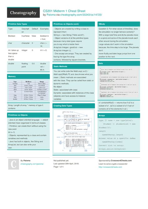 Cs201 Midterm 1 Cheat Sheet By Paloma Download Free From Cheatography