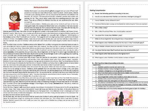 Matilda By Roald Dahl Plot Summary Reading Comprehension Vocabulary Worksheet Teaching