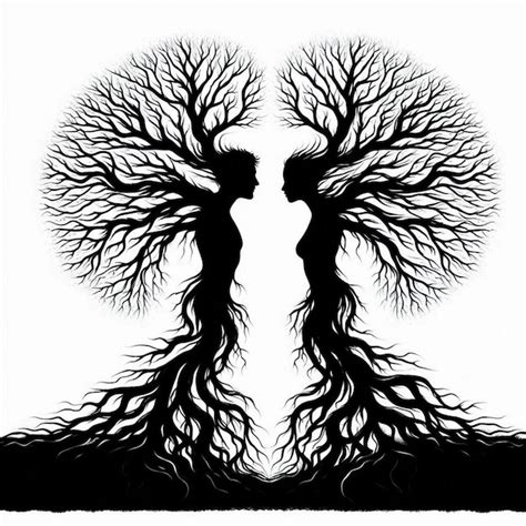 A Male And Female Tree Their Forms Intertwined Grow Side By Side Their Branches Mingling As