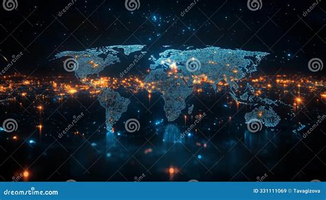 Global Digital Network Map With Glowing Data Points Generative Ai Stock Illustration