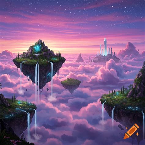 Fantasy Landscape At Night With Castle On Floating Island Waterfalls