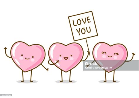 흰색 배경에 고립 된 사랑의 선언과 세 가와이 핑크 하트 발렌타인 데이 귀여운 디자인을위한 벡터 문자 3가지 개체에 대한 스톡 벡터 아트 및 기타 이미지 Istock