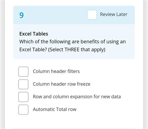 Solved Review Later Excel Tables Which Of The Following Are