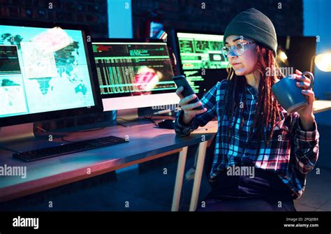 Phone Cyber Security Or Woman By Computer Screen In Dark Room At Night For Coding Phishing Or