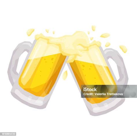 흰색에 거품이 튀는 가벼운 라거 맥주의 기울어진 머그잔 두 개 건배 엽서 인사말 카드 배너 광고 메뉴 기사에 대 한 벡터 일러스트 레이 션 0명에 대한 스톡 벡터 아트 및