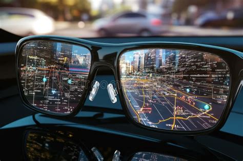 High Tech Glasses Reflecting A Cityscape At Sunset With Digital