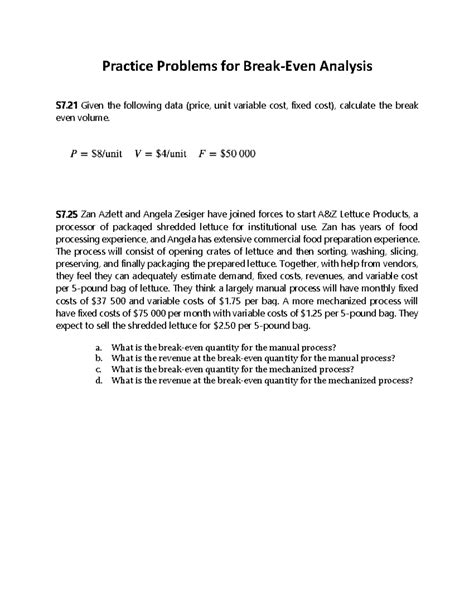 [practice Problems] Practice Problems For Break Even Analysis Practice Problems For Break Even