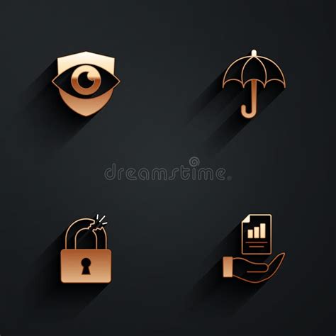 Set Shield And Eye Umbrella Broken Or Cracked Lock And Contract In Hand Icon With Long Shadow