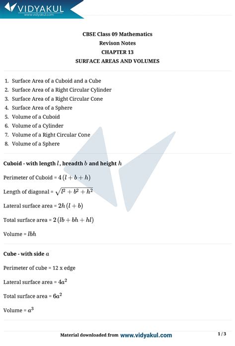 Class 9th Math Surface Area And Volumes Ncert Notes Cbse 2023