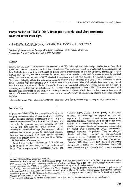 Pdf Preparation Of Hmw Dna From Plant Nuclei And Chromosomes Isolated From Root Tips