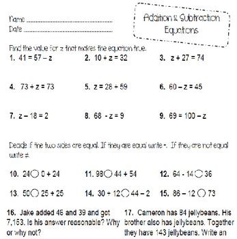 Addition And Subtraction Equations Finding A Missing Number By Kristen Hodges