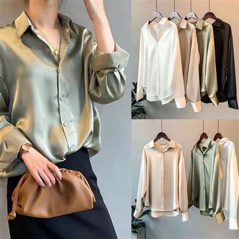 Ready Stock Women Satin Blouse Plus Size Baju Blouse Wanita Satin