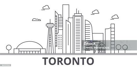 토론토 건축 선 스카이 라인 일러스트입니다 유명한 랜드마크 시티 명소와 선형 벡터 풍경 디자인 아이콘 편집 가능한 선 프리 토론토 온타리오에 대한 스톡 벡터 아트 및 기타