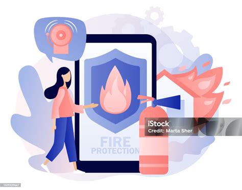화재 방지 개념 온라인 화재 경보 화재 예방 스마트 폰 응용 프로그램을 가진 작은 여자 소방관 구조 현대 플랫 만화 스타일 흰색 배경의 벡터 그림 불에 대한 스톡 벡터 아트