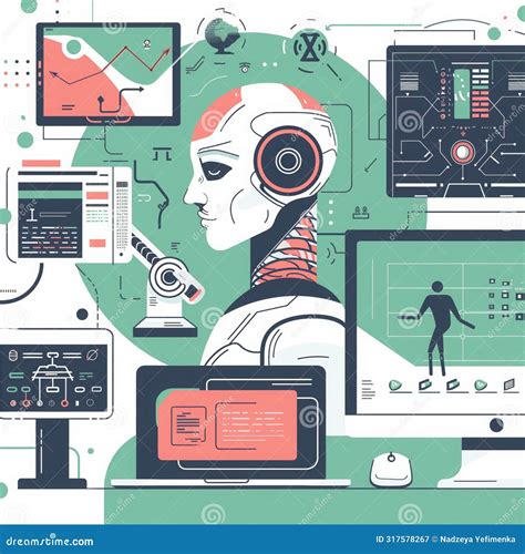 Futuristic Illustration Humanoid Robot Interface Multiple Digital Screens Stock Illustration