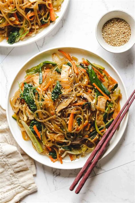 Vegan Japchae Korean Stir Fried Glass Noodles Okonomi Kitchen
