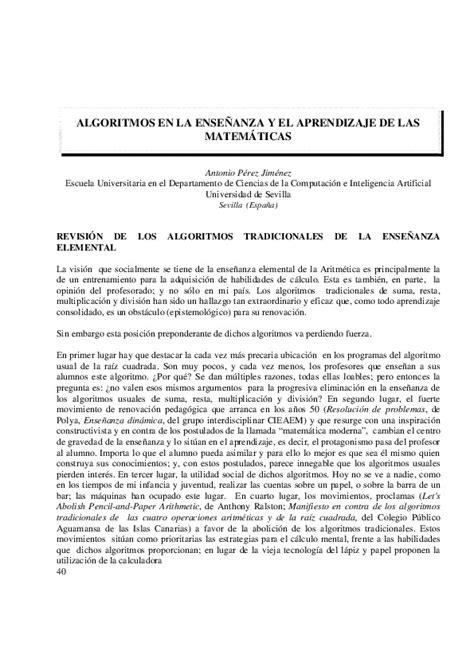 Algoritmos En La Enseñanza Y El Aprendizaje De Las Matemáticas Funes