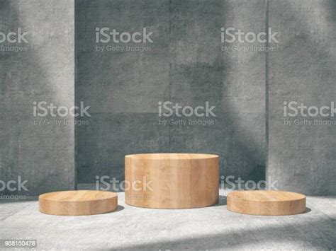 디스플레이 디자인 빈 제품 스탠드 콘크리트 빈 Room3d 렌더링을 위한 플랫폼에 대 한 목조 주 춧 대 상자에 대한 스톡 사진 및 기타 이미지 Istock