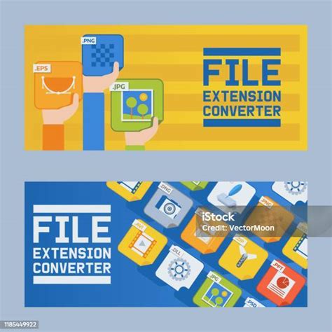 배너 벡터 그림의 파일 확장변환기 집합입니다 오디오 사진 이미지 워드 파일 유형 문서 형식입니다 픽토그램 웹 및 멀티미디어 아이콘을 들고 있는 사람들 Slide Show