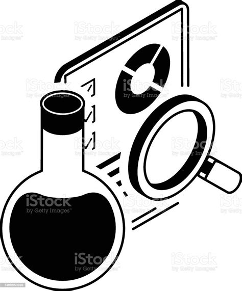 플라스크가 있는 돋보기 벡터 아이소메트릭 개요 아이콘 디자인 비즈니스 금융 기호 재무 및 자본 예산 기호 재무 계획 및 통제 스톡 일러스트 유동성 분석 보고서 개념 0명에